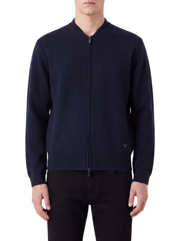 Emporio Armani Pure Wool Bomber Collar Zip-up Cardigan - Blue