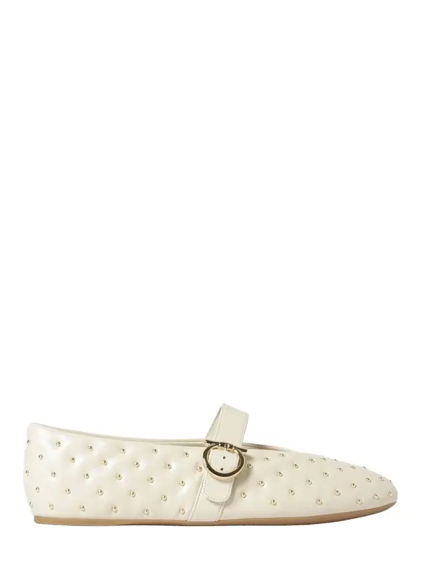 FERRAGAMO Gancini Buckle Studded Nappa Leather Mary Jane Flats - Ecru