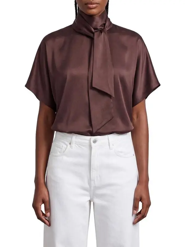 Brunello Cucinelli High Neck Blouse With Tie Detail - Coffee