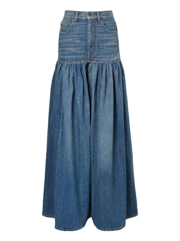 Chloé Pleated Denim Maxi Skirt - Blue