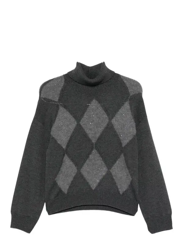 Peserico Dark Argyle Knit Sequin Embellished Roll Neck Sweater - Grey