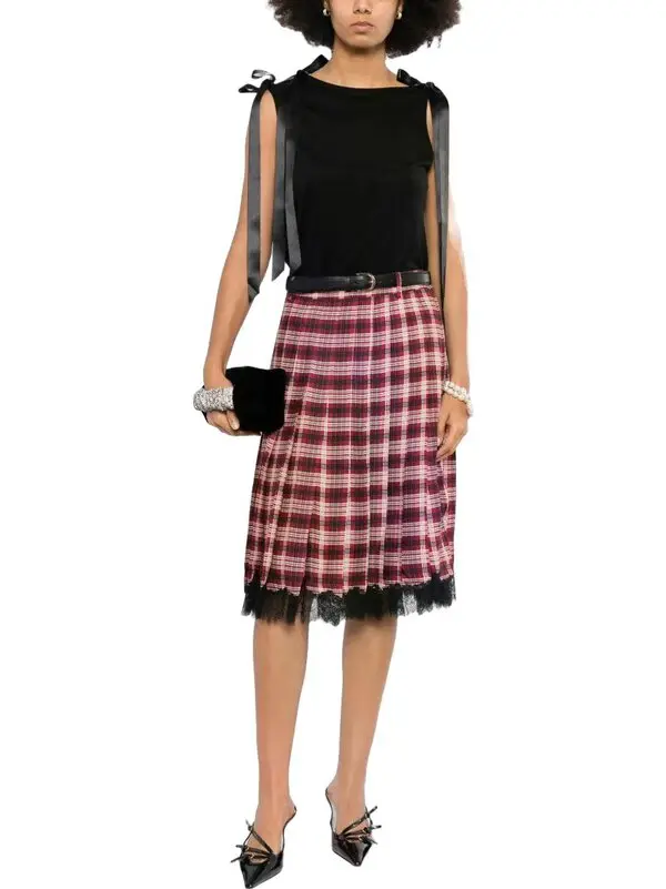 SELF-PORTRAIT Pleated Lace-trim Skirt - Red