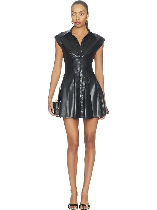 Alice + Olivia Kim Faux Leather Paneled Corset Flared Mini Shirt Dress - Black