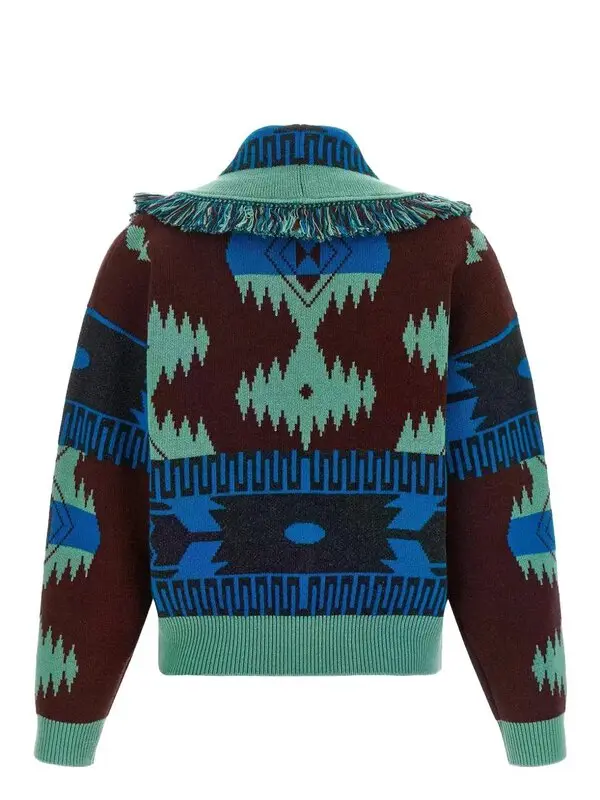Alanui Icon Jacquard-knit Cardigan With Fringed Shawl Collar - Blue