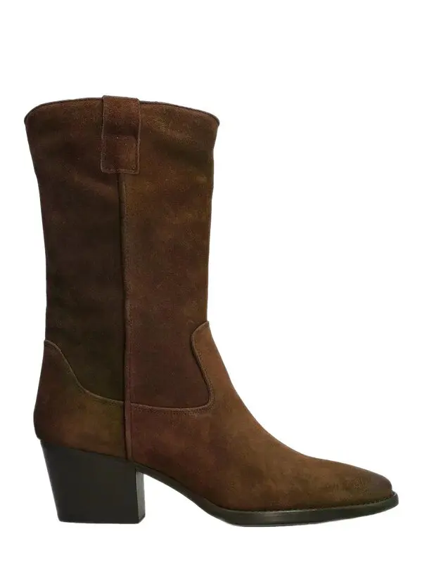 JULIE DEE Suede Western-style Mid-block Heel Boots - Brown