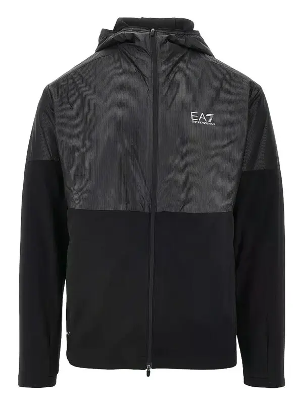 EA7 Paneled Logo Hooded Jacket - Black
