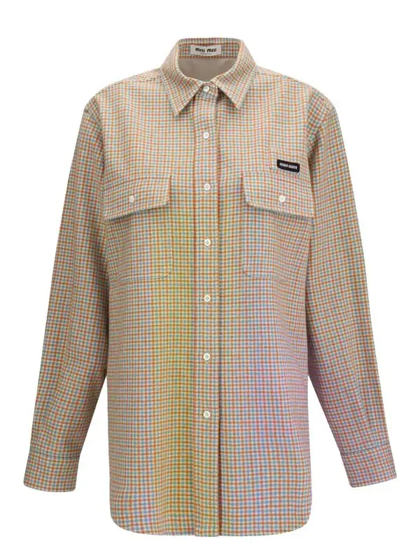 Miu Miu Houndstooth Pattern Logo Patch Shirt - Orange