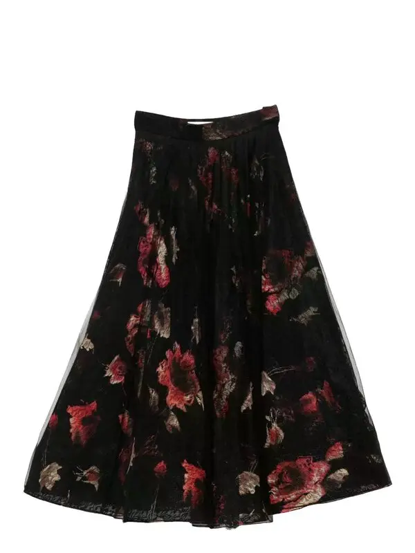 QUETSCHE Floral Lace Tulle Overlay Midi Skirt - Black