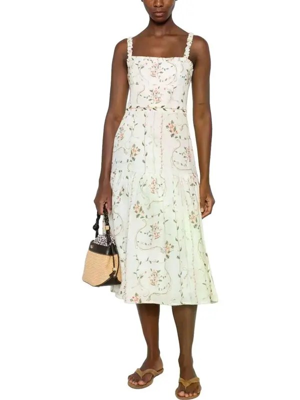 Agua Bendita Floral-print Linen Midi Dress - Neutrals