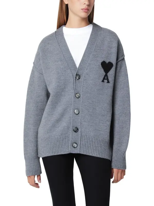 AMI Paris Wool Cardigan With Embroidered De Cœur - Grey