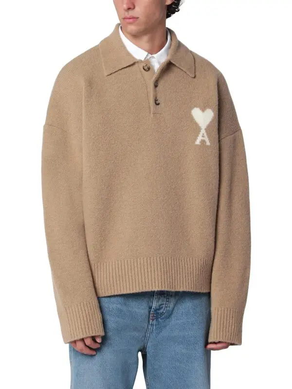 AMI Paris Alpaca-blend Polo Sweater - Beige