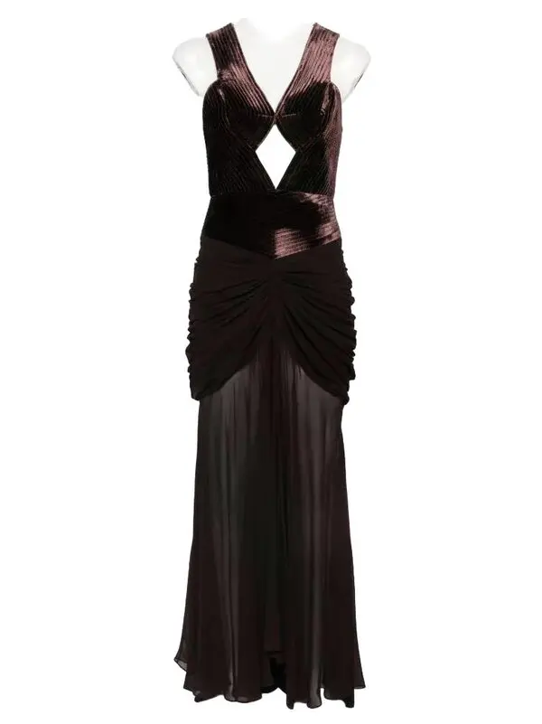 Zimmermann Velvet-panelled Ruched Maxi Dress - Brown