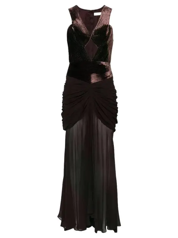 Zimmermann Velvet-panelled Ruched Maxi Dress - Brown