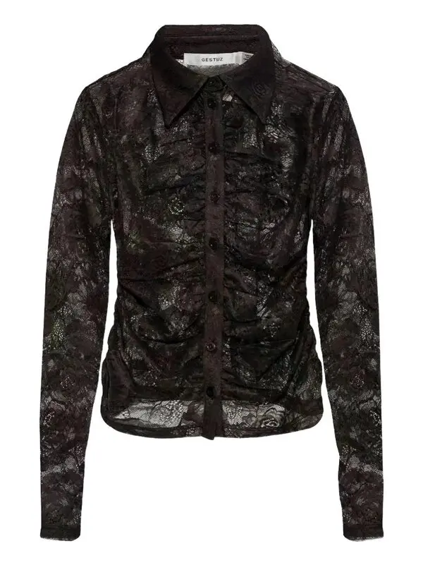 GESTUZ Lace Ruched Long-sleeve Shirt - Black