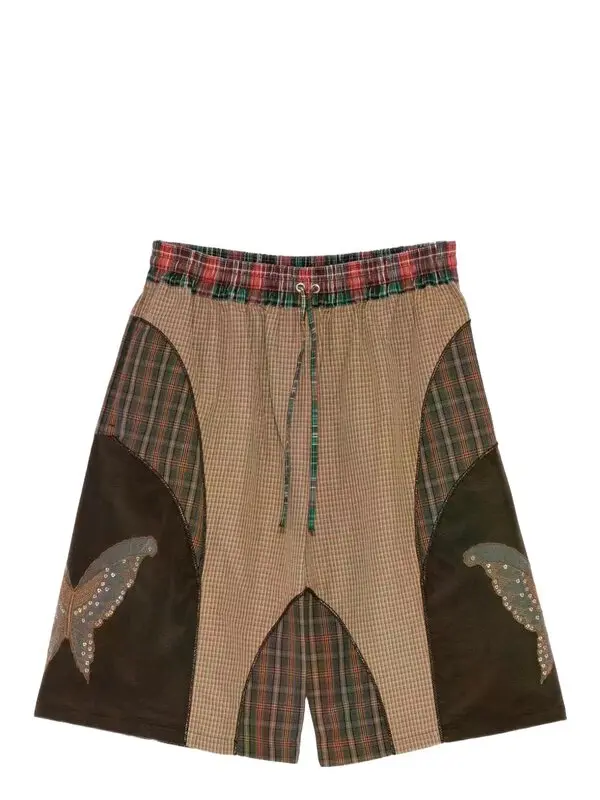 CHOPOVA LOWENA Beige Patchwork Plaid Shorts With Sequin Butterfly Motif - Neutrals