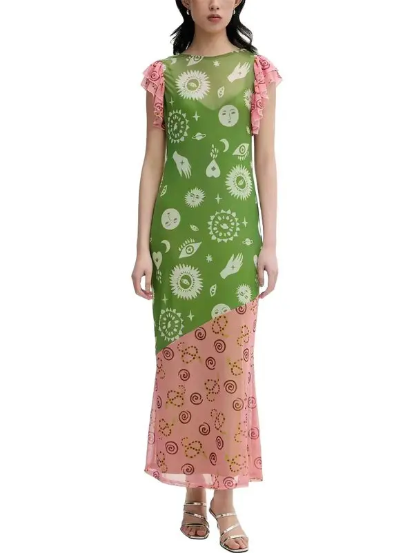 NEVER FULLY DRESSED Graphic Print Ruffled Midi Dress - Green