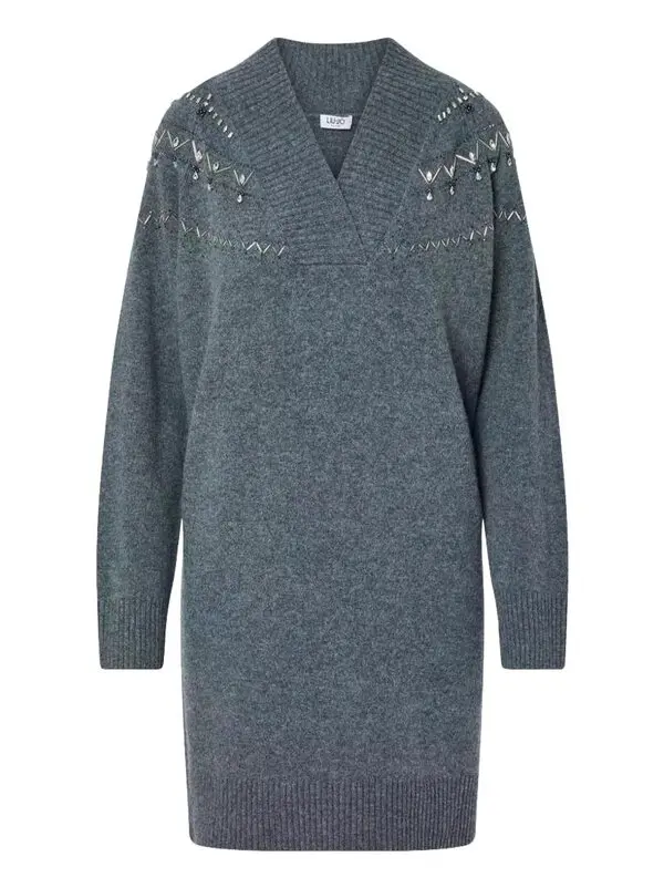 Liu Jo Embellished V-neck Knit Dress In Pure Wool - Grey
