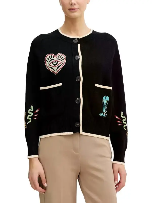 NEVER FULLY DRESSED Embroidered Contrast Trim Cardigan - Black