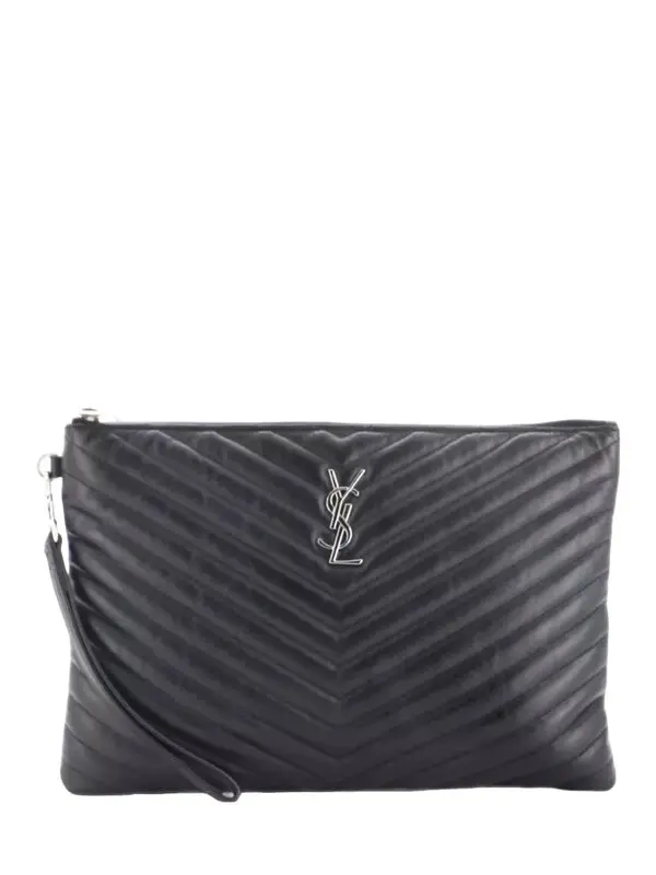 Saint Laurent Classic Monogram Wristlet Pouch Matelasse Chevron Leather Medium Clutch Bag - Black