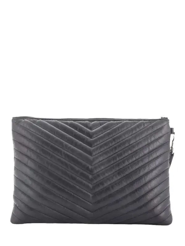 Saint Laurent Matelassé Chevron Leather Wristlet Pouch - Black
