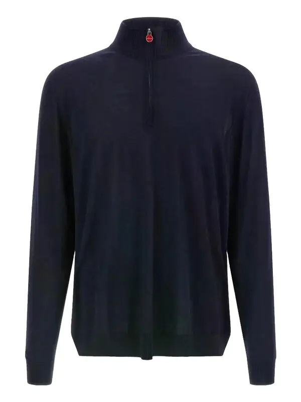 Kiton Navy Wool Mock Neck Half-zip Sweater - Blue