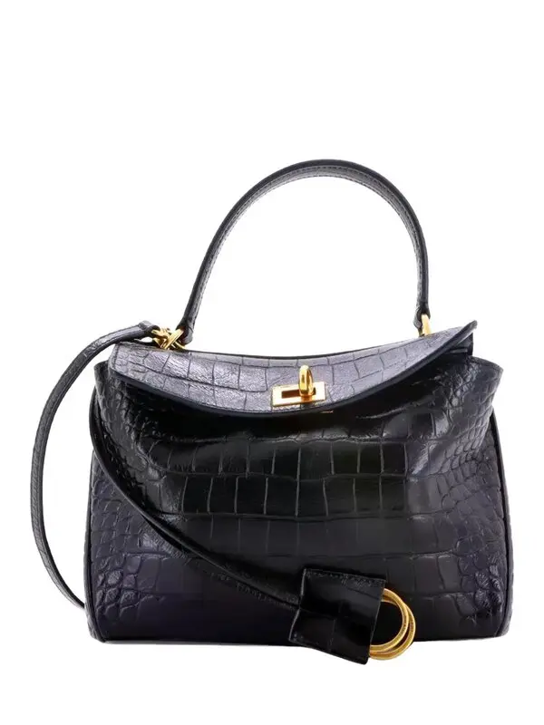 Balenciaga Rodeo Crocodile Embossed Leather Mini Shoulder Bag - Black