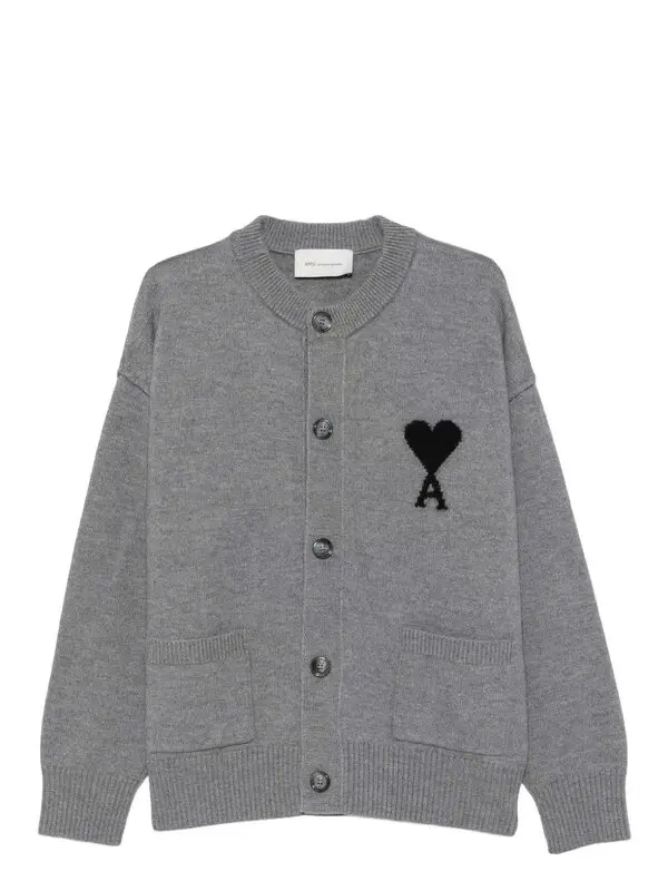 AMI Paris De Coeur Intarsia Knit Cardigan - Grey