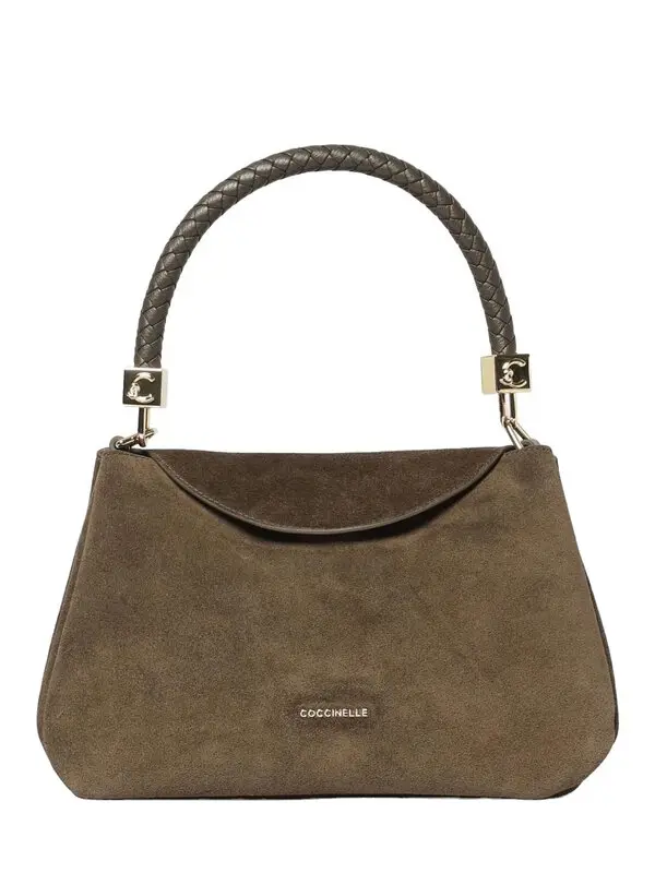 COCCINELLE Tiggy Leather And Suede Shoulder Bag With Woven Handle - Mud