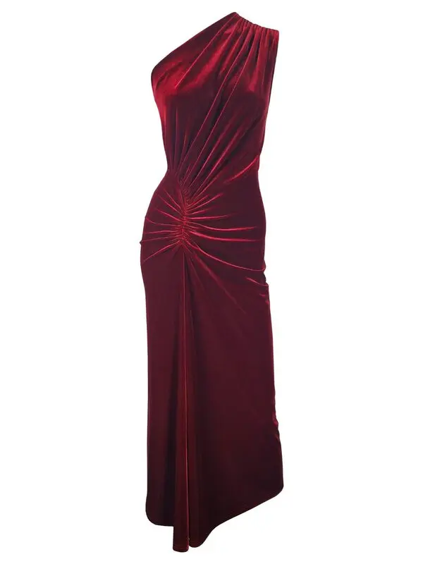 ME & THEE Burgundy Velvet One-shoulder Midi Dress - Red