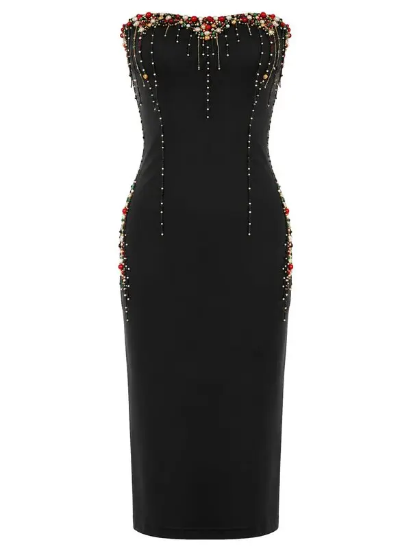 LABELFIORA Imperial Noir" Strapless Beaded Midi Dress - Black