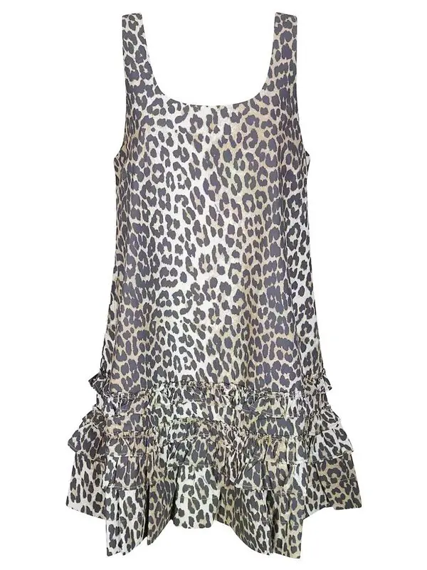 GANNI Leopard-print Ruffled Mini Dress - Neutrals