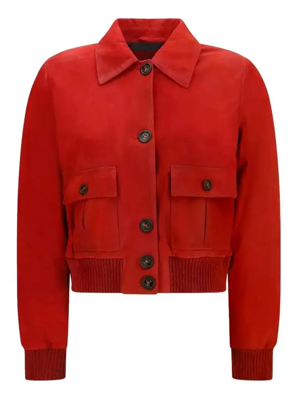 VALSTAR Cropped Suede Bomber Jacket - Red