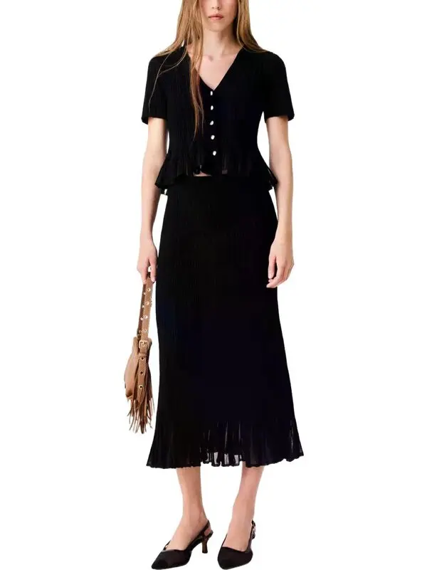 Maje Ribbed-knit Cardigan With Ruffled Hem - Black