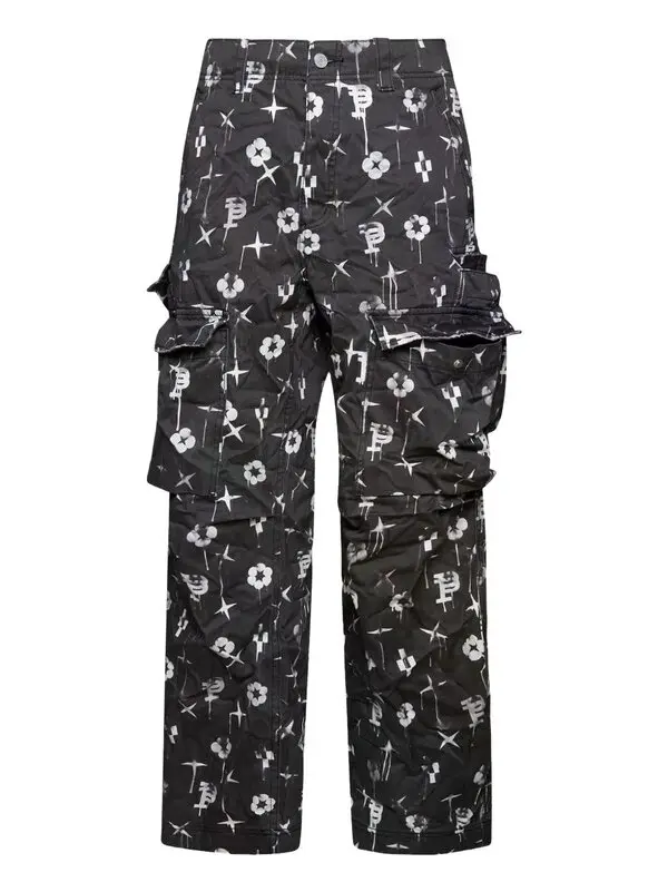 PURPLE BRAND Double Pocket Cargo Monogram Print Wide Leg Trousers - Black