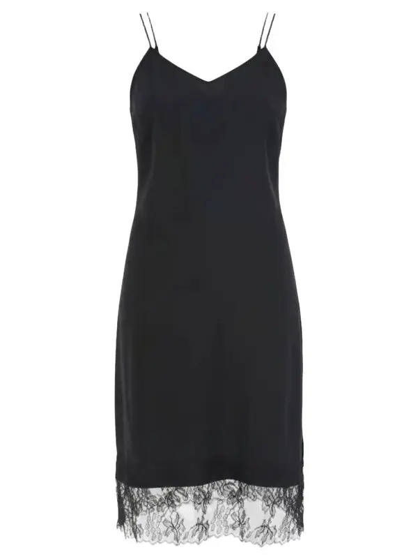 Saint Laurent Lace Trim Slip Midi Dress - Black