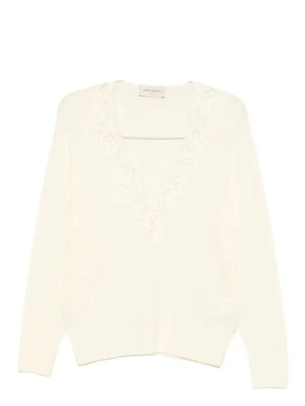 Ermanno Scervino Wool V-neck Sweater With Lace Trim - White