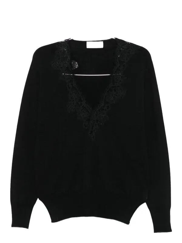 Ermanno Scervino V-neck Wool Sweater With Lace Trim - Black