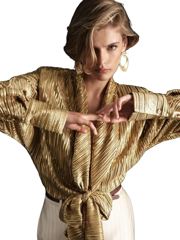 ATELIER Metallic Plissé Tie-front Shirt - Gold