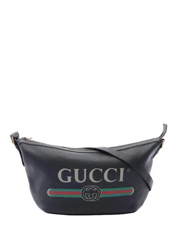 Gucci Grained Calfskin Logo Half Moon Crossbody Bag - Black