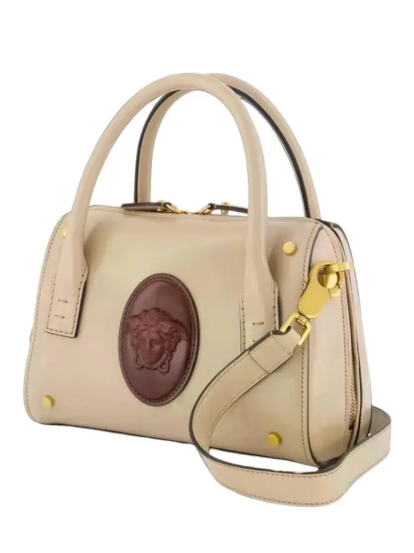 Versace Roomy Small Leather Boston Bag With Medusa Cameo - Neutrals