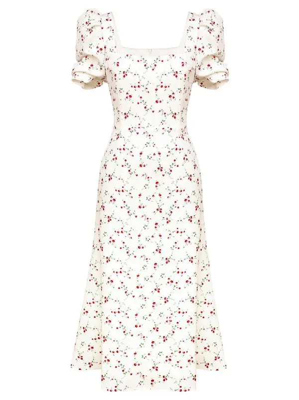 POST MERIDIEM Raspberries Godet Midi Dress - White