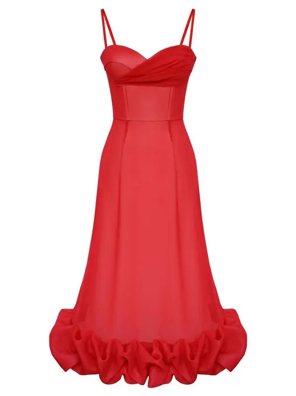 POST MERIDIEM Flounce Bustier Midi Dress - Red