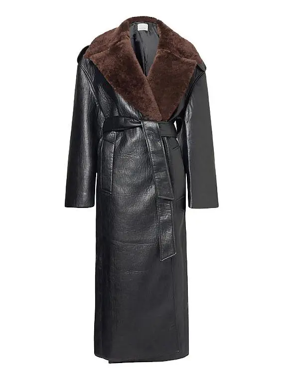 THE FRANKIE SHOP Faux Leather Trench Coat With Shearling Trim - Black