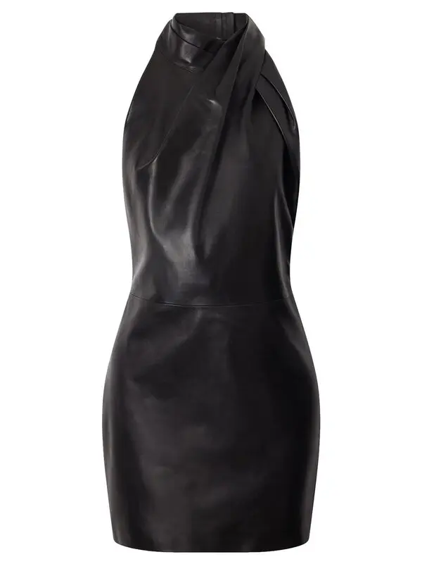 Balmain Paneled Halterneck Leather Mini Dress - Black