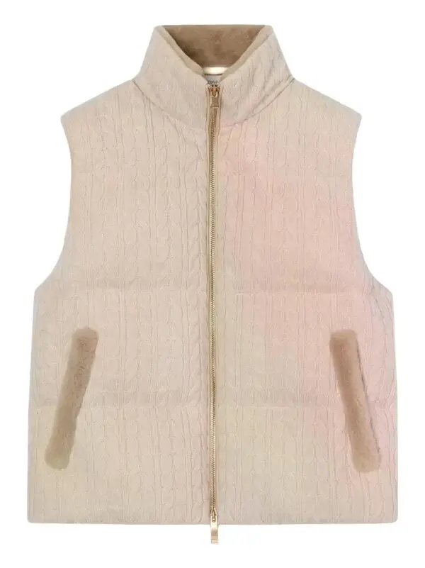 Agnona Sleeveless Cable-knit Padded Jacket With Shearling Trim - Neutrals
