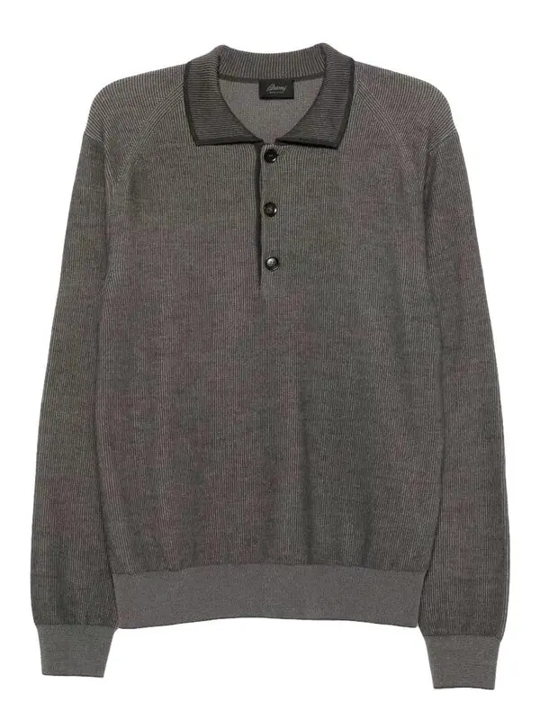 Brioni Ribbed Knit Long-sleeve Polo Sweater - Grey