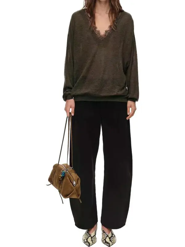 Bimba Y Lola Long Wool And Lace V-neck Sweater - Brown