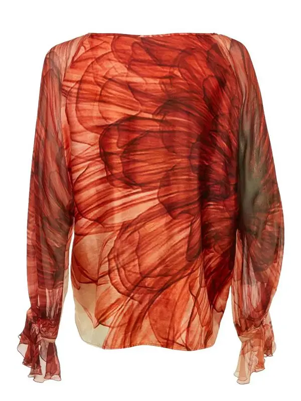 Max Mara Silk Floral Print Blouse With Ruffle Cuffs - Red