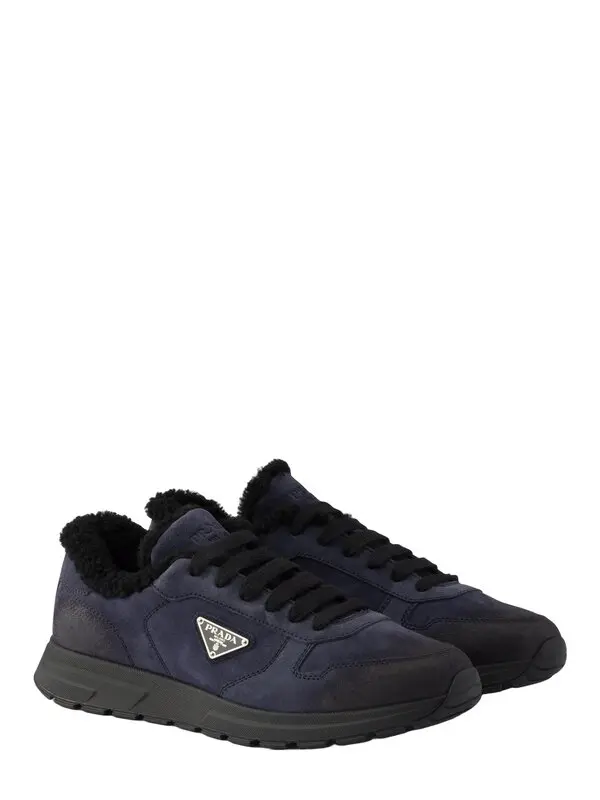 Prada Aged Suede Lace-up Sneakers With Shearling Lining - Navy