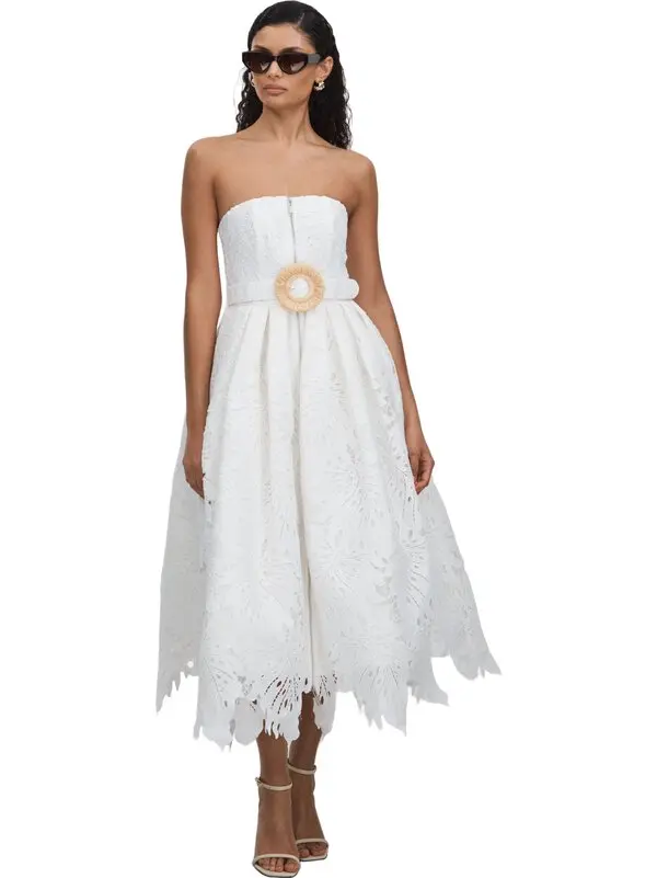 LEO LIN Lace Detail Belted Midi Dress - White